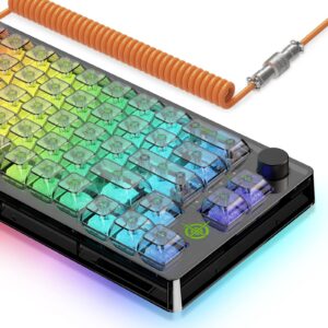 65% hot-swap wired mechanical gaming keyboard programmable with transparent 66 key full side rgb owerty linear ice white switch custom coiled c to a cable media knob 2-in-1 case for win/pc/mac(black)