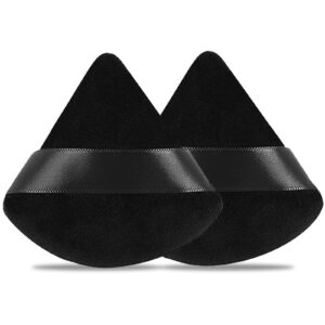 2 pieces powder puff face cosmetic 2.76 inch soft triangle powder puffs washable reusable velour cotton puff setting makeup sponge for under eyes and face corners body loose powder makeup tool (black)