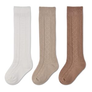 epeius baby girl knee high socks newborn seamless stockings baby thigh high socks long socks cable knit dress socks 0-6 months 3 pack ivory white brown khaki