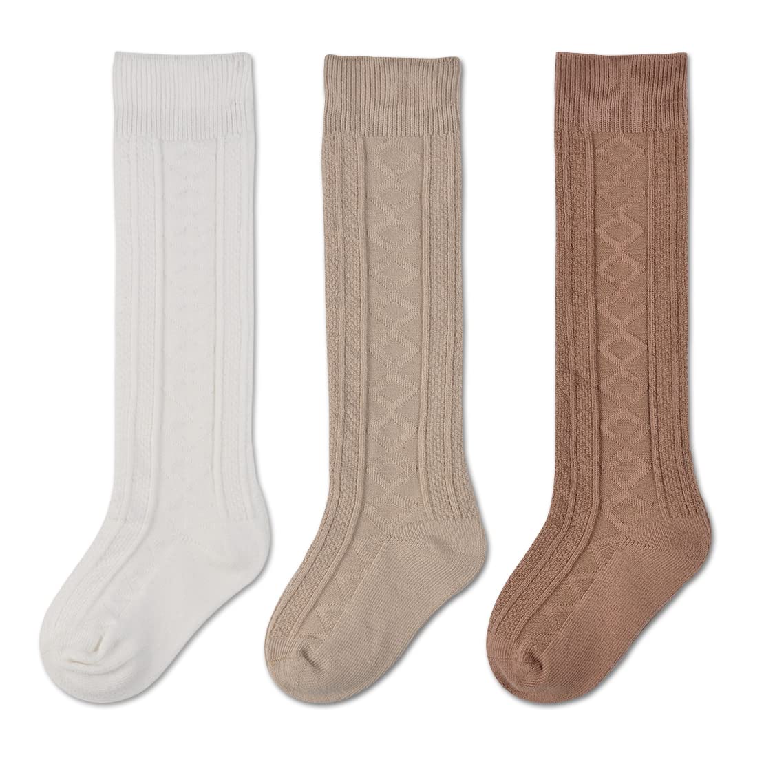 EPEIUS Baby Girl Knee High Socks Newborn Seamless Stockings Baby Thigh High Socks Long Socks Cable Knit Dress Socks 0-6 Months 3 Pack Ivory White Brown Khaki