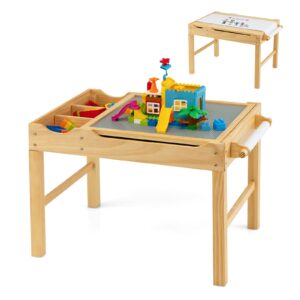 honey joy kids table, 2 in 1 toddler wooden activity table with paper roll, convertible building block tabletop, 3 storage compartments, children furniture set for daycare, playroom, natural