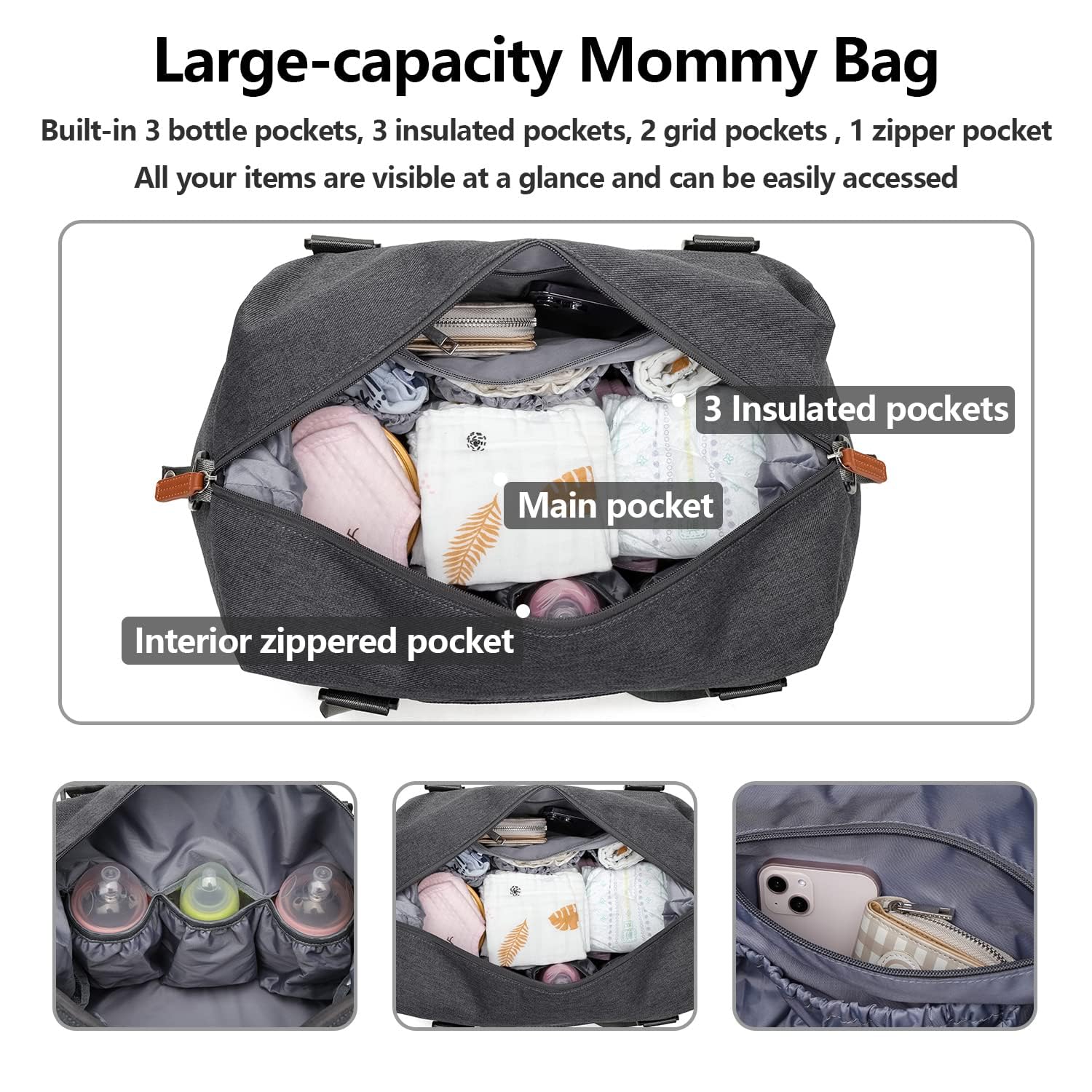 Large Diaper Bag Tote with Changing Pad and Cosmetic Bag,Mommy Bag for Hospital and Travel