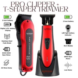 Supreme Trimmer 2-in-1 Pro Clipper & DLC T-Shaper Combo | Professional Beard Trimmer ST5215 & Hair Clipper STC5030 Barber Kit | Red