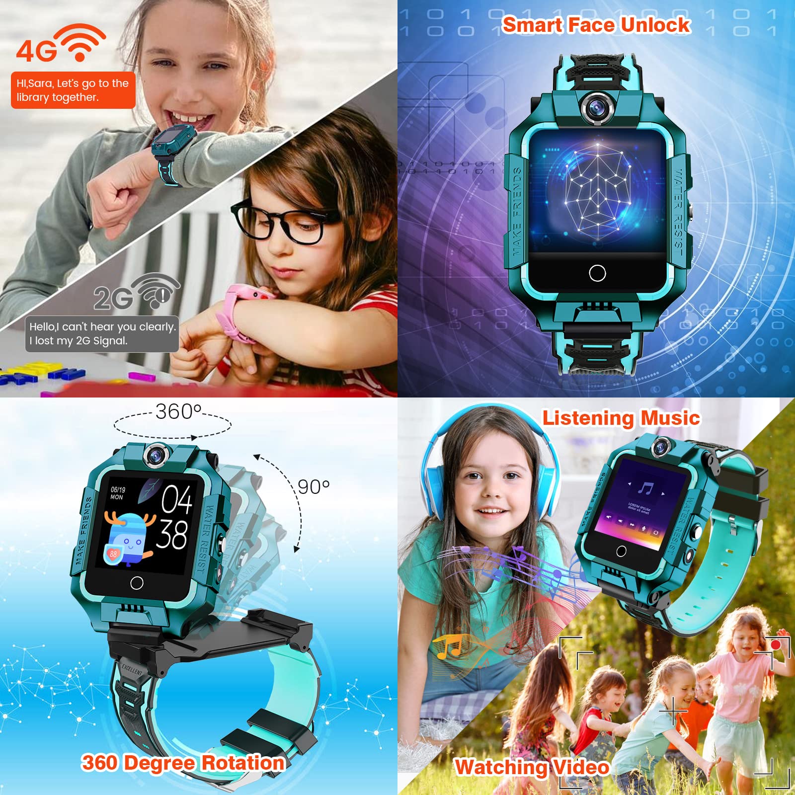 4g Kids Smart Watch W Gps Tracker, Phone Watch W Video Chat 3 Way-call Wifi Sos Touch Screen Child Tracker Phone Watches Christmas Birthday Gift For Boys Girls 3-15 Years W Sim Slot Kids Watch (Green)