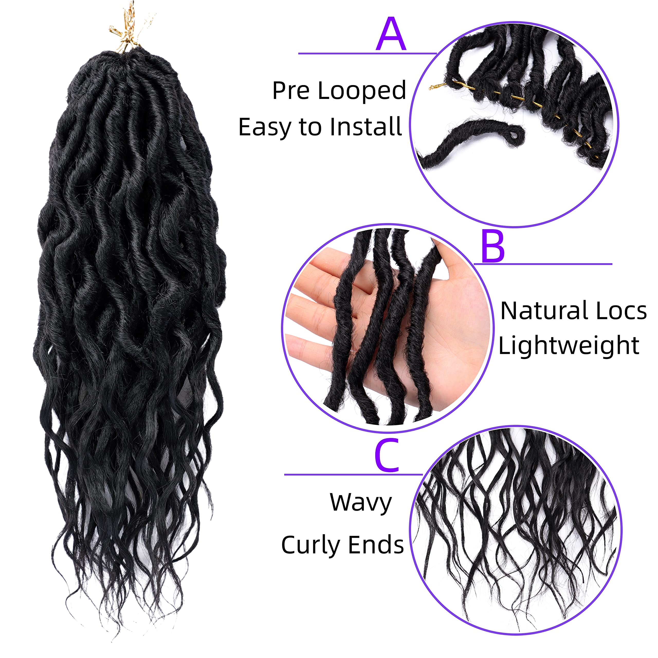 LOSMOEER Faux Locs Crochet Hair 12 Inch, 6 Packs Goddess Locs Crochet Hair for Women, Soft Locs Pre Looped Crochet Braids with Wavy Curly Ends Boho Locs Synthetic Braids Extensions (#1B)