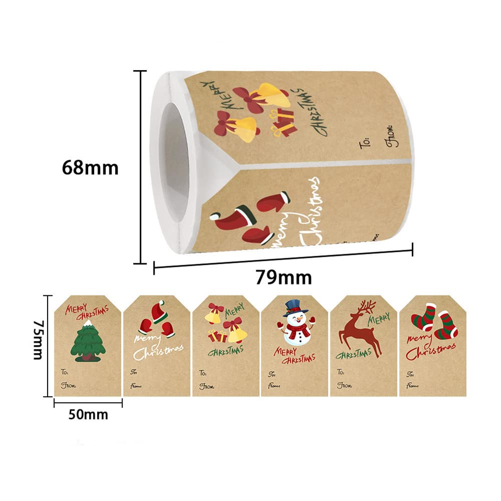 LNALAT 250pcs Kraft Christmas Stickers, 6 Styles Designs Merry Christmas Bell Handmade Sticker Roll for Christmas, Decoration Labels for Bags, Envelopes, Bubble mailers & Boxes