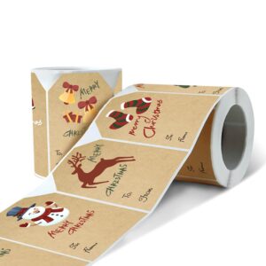 lnalat 250pcs kraft christmas stickers, 6 styles designs merry christmas bell handmade sticker roll for christmas, decoration labels for bags, envelopes, bubble mailers & boxes