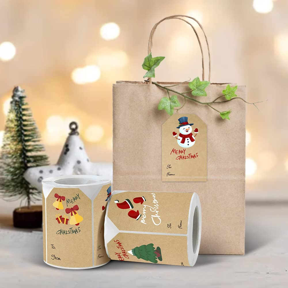 LNALAT 250pcs Kraft Christmas Stickers, 6 Styles Designs Merry Christmas Bell Handmade Sticker Roll for Christmas, Decoration Labels for Bags, Envelopes, Bubble mailers & Boxes