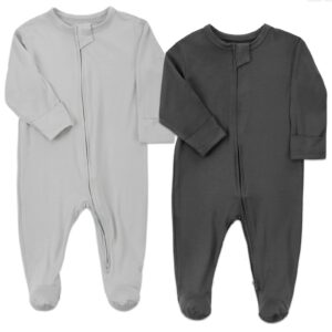 aablexema baby footie pajamas zipper - rayon from bamboo infant footed pjs with mittens sleepwear jammies(light grey & black grey,0-3m)