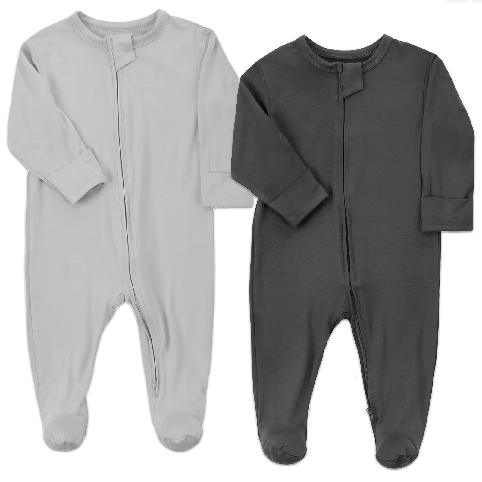 Aablexema Baby Footie Pajamas Zipper - Rayon from Bamboo Infant Footed Pjs with Mittens Sleepwear Jammies(Light Grey & Black Grey,0-3m)