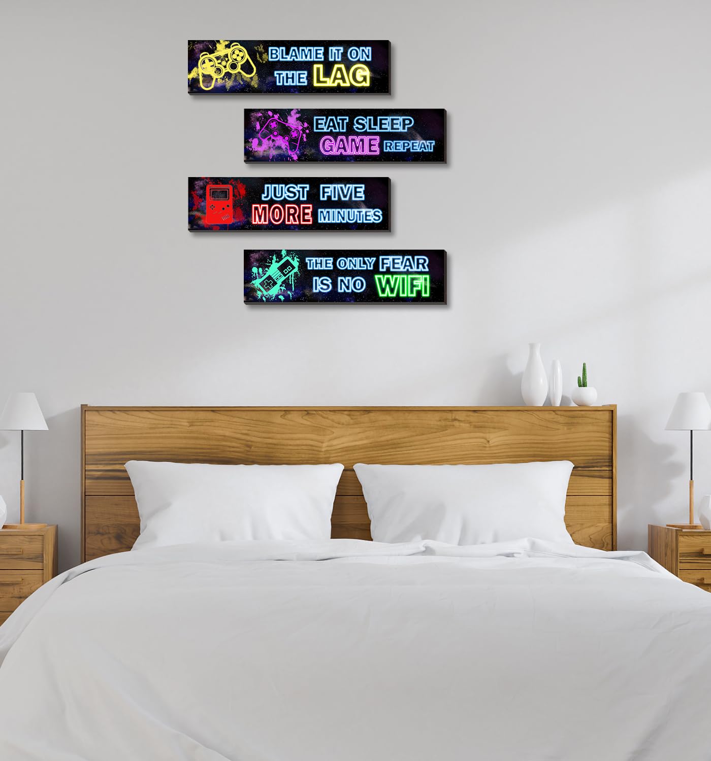 SHLINCO Neon Gaming Wall ArtDecor Set of 4 - Game Themed Art Print Room Wall Decoration, Gamer Room Decor for Kids, Boys, Neon Gaming Wall Decor for Playroom and Game Room