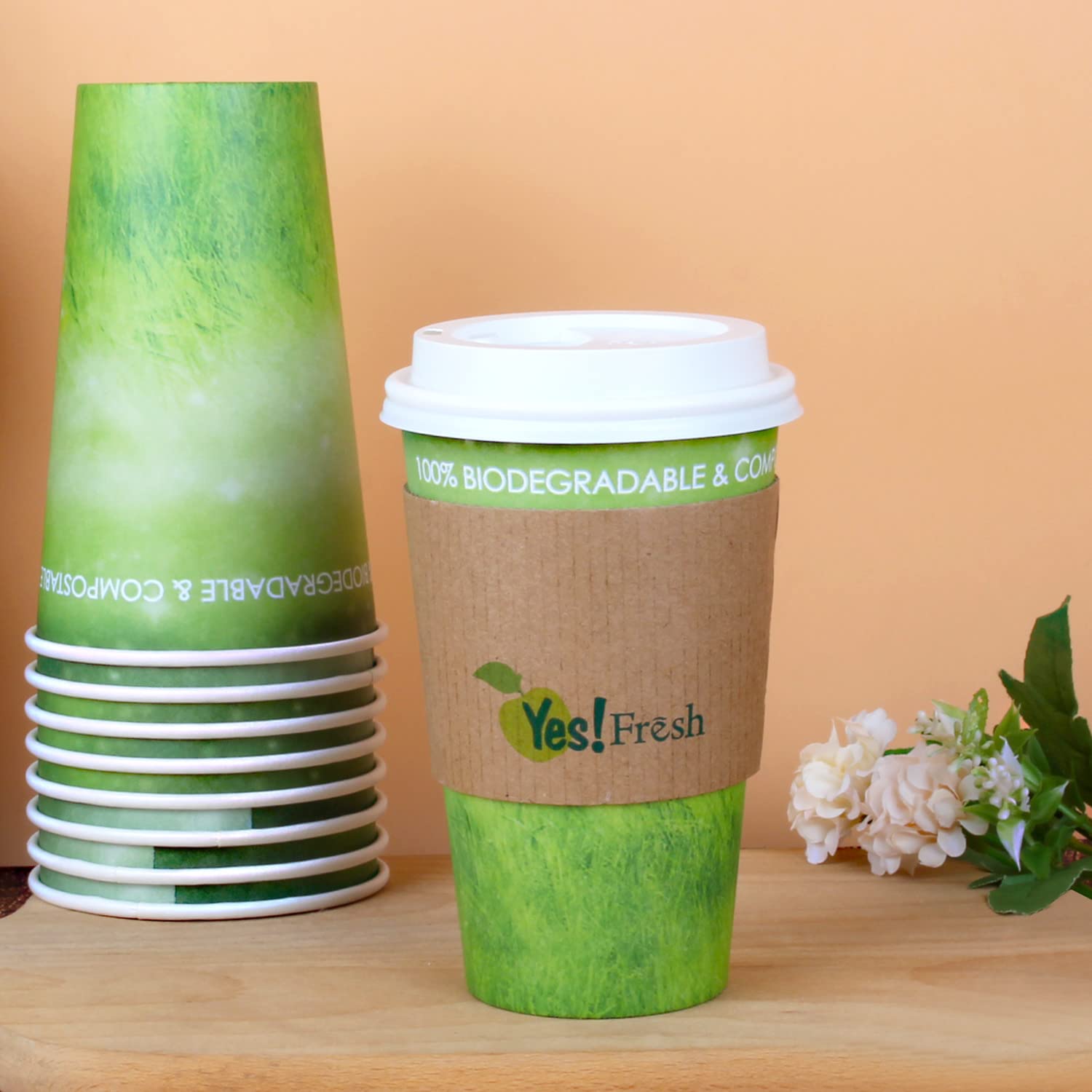 Yes!Fresh Disposable Hot Paper Cup,To Go Hot Cups for Coffee, Hot Liquid, Chocolate, Juice,Suitable for Party, Picnic, Travel, and Events (16 oz, 100 Count, Green)