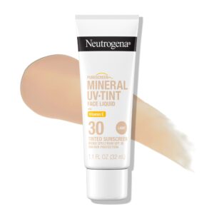 neutrogena purescreen+ tinted sunscreen for face with spf 30, broad spectrum mineral sunscreen with zinc oxide and vitamin e, water resistant, fragrance free, light, 1.1 fl oz