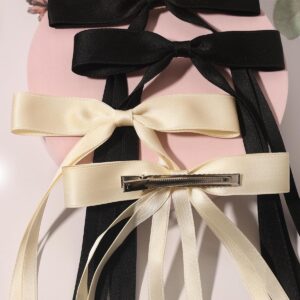 4pcs Hair Clips for Women Tassel Ribbon Bowknot With Long Tail, Clip Girl, Solid Accessories Barrettes Claw Bow (Black&Beige)