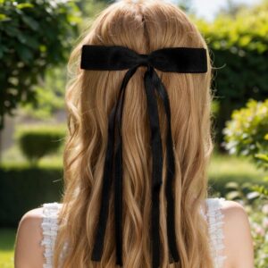 4pcs Hair Clips for Women Tassel Ribbon Bowknot With Long Tail, Clip Girl, Solid Accessories Barrettes Claw Bow (Black&Beige)