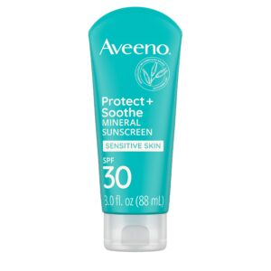 aveeno protect + soothe mineral sunscreen lotion with broad spectrum spf 30, quick drying and water-resistant uva/uvb protection for sensitive skin, fragrance-free, 3.0 fl. oz