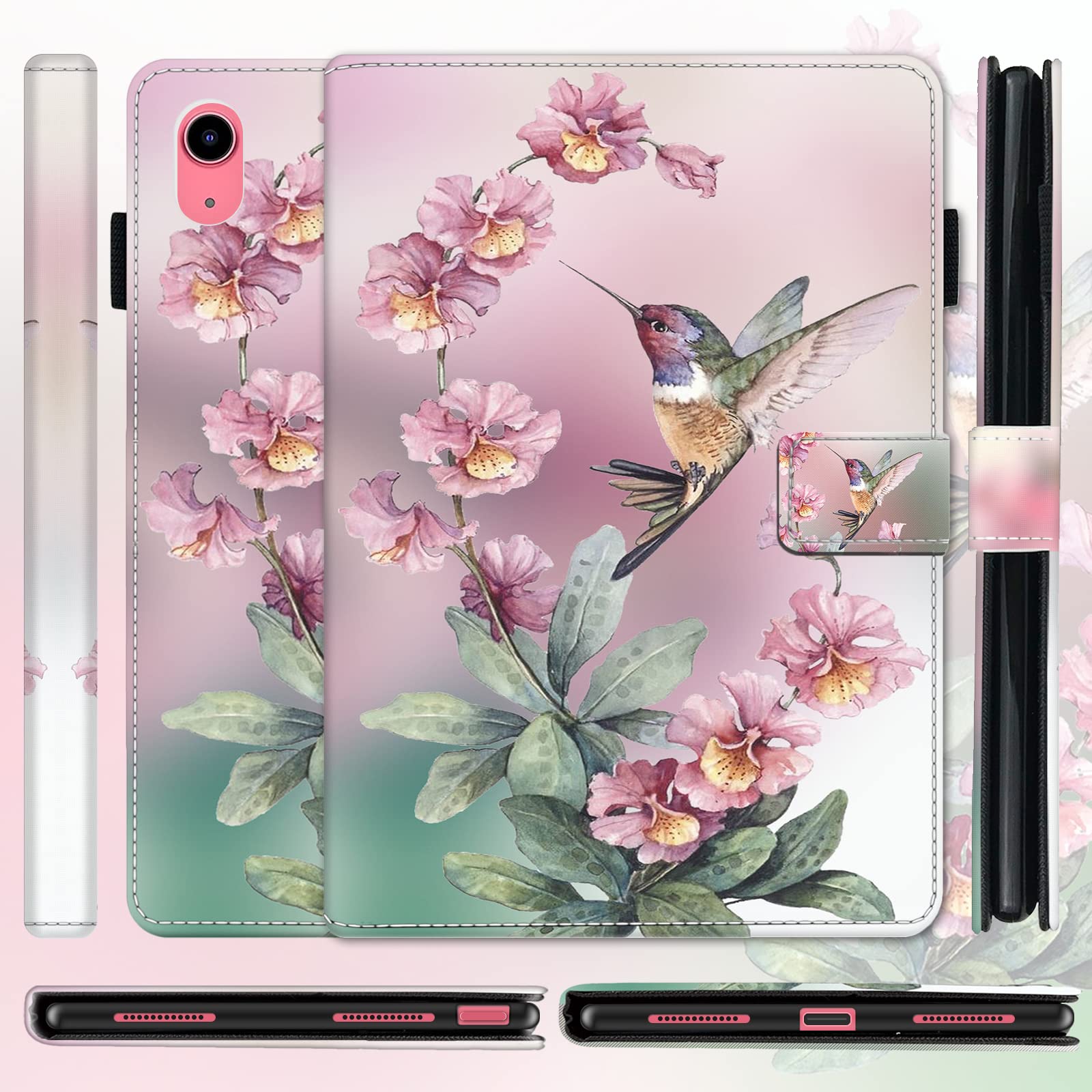 Compatible with iPad 10th Generation Case 10.9 inch(2022 Model),Protective Cover for iPad Case 10th Generation,Auto Wake/Sleep Cover,Pencil Holder(Pink Flower Hummingbird)