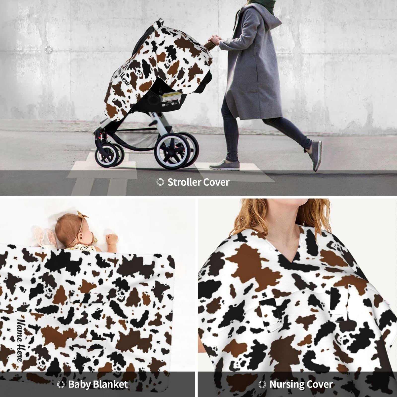 Personalized Baby Car Seat Canopy for Boys Girls, Custom Nursing Covers for Breastfeeding with Name, Opening Minky Baby Carseat Canopy for Newborn, Infant Car Seat Cover, Brown and Black Cow Stripes