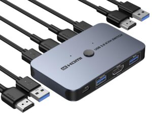 kvm switch, ablewe aluminum kvm switch hdmi,usb switch for 2 computers sharing mouse keyboard printer to one hd monitor, support 4k@60hz,2 hdmi cables and 2 usb cables included