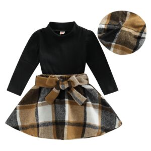 mubineo toddler baby girl 3pcs fall winter skirt outfits long sleeve shirt tops plaid skirts hat set (black brown, 3 years)