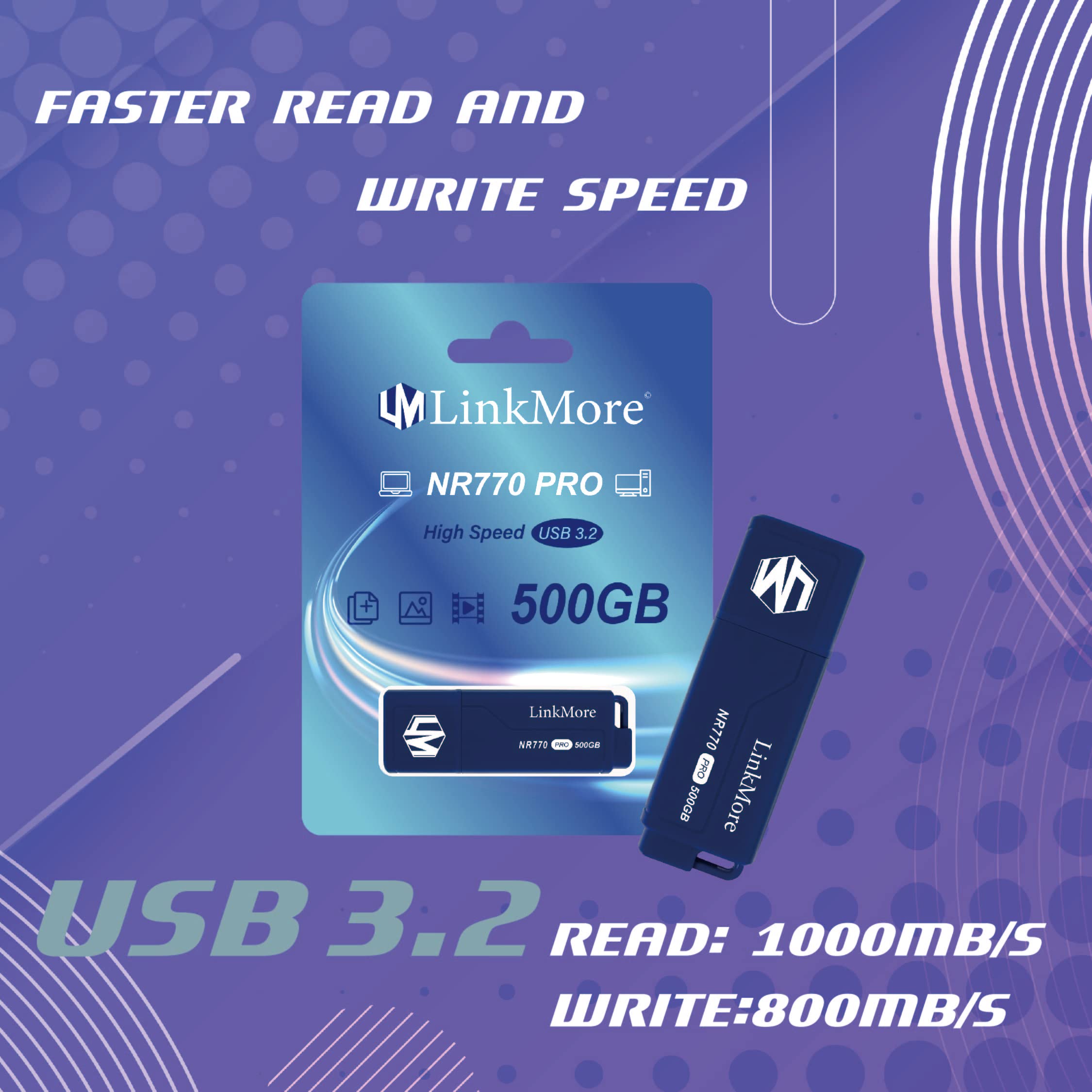 LinkMore NR770 500GB USB 3.2 Gen2 Flash Drive, Read Speed up to 1000MB/s, Write Speed up to 800MB/s, Thumb Drive