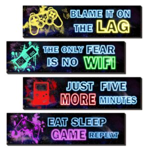 shlinco neon gaming wall artdecor set of 4 - game themed art print room wall decoration, gamer room decor for kids, boys, neon gaming wall decor for playroom and game room