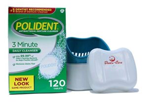 polident 3 minute denture cleaner 120 tablets in triplemint bundle with dentu-care denture cleaning cup case with lid basket and draining basket for cleaning and storing