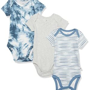 HonestBaby Short Sleeve Bodysuits One-Piece 100% Organic Cotton for Infant Baby Boys, Girls, Unisex, 3-Pack Tie Dye Blues, 3-6 Months