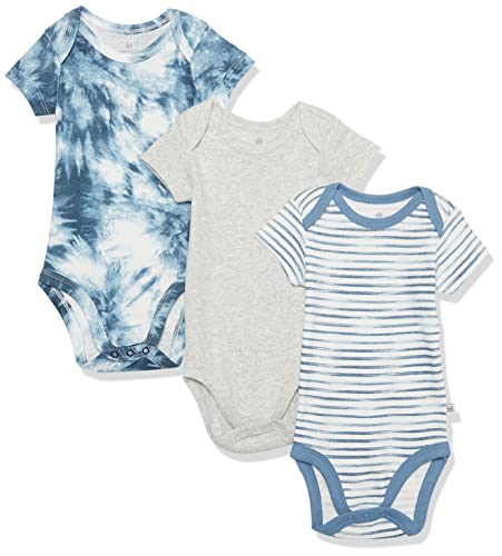 HonestBaby Short Sleeve Bodysuits One-Piece 100% Organic Cotton for Infant Baby Boys, Girls, Unisex, 3-Pack Tie Dye Blues, 3-6 Months