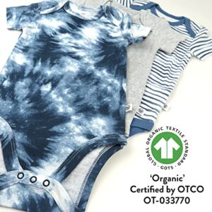 HonestBaby Short Sleeve Bodysuits One-Piece 100% Organic Cotton for Infant Baby Boys, Girls, Unisex, 3-Pack Tie Dye Blues, 3-6 Months