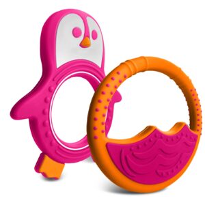 baby teething toys for newborn, infants 0-6 months silicone teethers for babies 6-12 months bpa free (penguin - pink & orange)