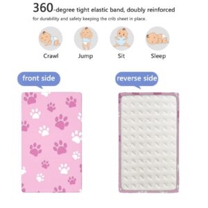 Dog Paws Themed Fitted Crib Sheet,Standard Crib Mattress Fitted Sheet Soft Toddler Mattress Sheet Fitted -Crib Mattress Sheet or Toddler Bed Sheet,52“ x28“,Baby Pink Pink and White