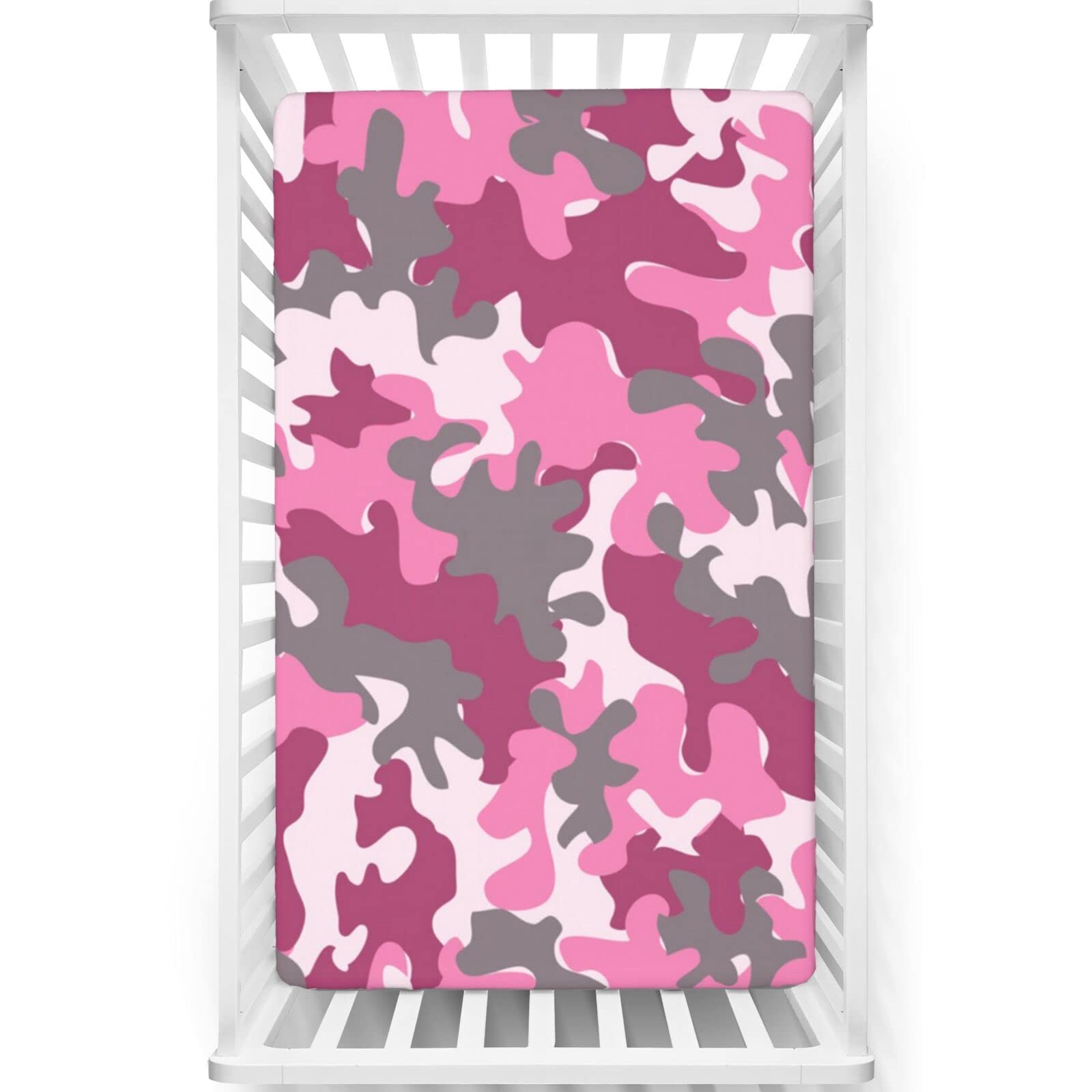 Camo Themed Fitted Crib Sheet,Standard Crib Mattress Fitted Sheet Soft & Stretchy Fitted Crib Sheet -Baby Crib Sheets for Girl or Boy,28“ x52“,Hot Pink Magenta Grey