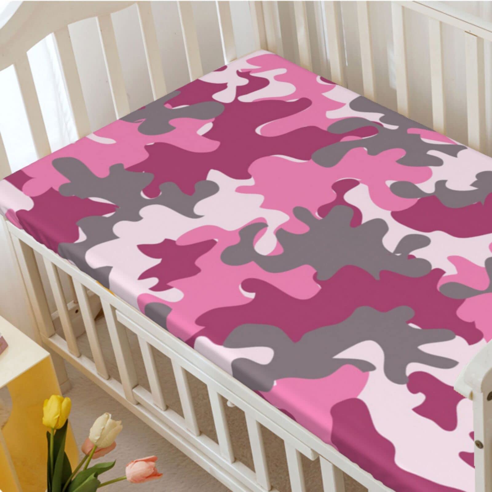 Camo Themed Fitted Crib Sheet,Standard Crib Mattress Fitted Sheet Soft & Stretchy Fitted Crib Sheet -Baby Crib Sheets for Girl or Boy,28“ x52“,Hot Pink Magenta Grey