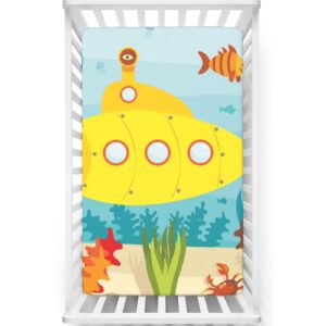 yellow submarine themed fitted crib sheet,standard crib mattress fitted sheet soft & stretchy fitted crib sheet -crib mattress sheet or toddler bed sheet,52“ x28“,pale blue yellow