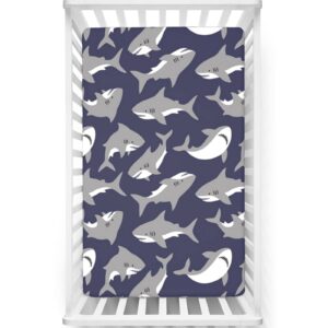 shark themed fitted crib sheet,standard crib mattress fitted sheet soft toddler mattress sheet fitted -crib mattress sheet or toddler bed sheet,52“ x28“,dark indigo and pale taupe