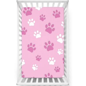 dog paws themed fitted crib sheet,standard crib mattress fitted sheet soft toddler mattress sheet fitted -crib mattress sheet or toddler bed sheet,52“ x28“,baby pink pink and white