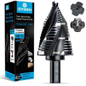 m35 four spiral flute step drill bit set 1/4" - 1-3/8" （19 sizes, 1/4" hex shank unibit step drill bit, impact resistant m35 cobalt step drill bit, for stainless steel, wood, aluminum, plastic