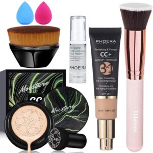 air cushion cc cream natural foundation,phoera cc+ cream color correcting anti aging hydrating serum &spf 25+,phoera face primer, kabuki brush foundation brush makeup sponge(#02natural cc +120 nude)