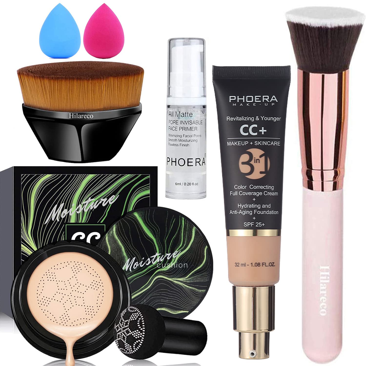 Air Cushion CC Cream Natural Foundation,PHOERA CC+ Cream Color Correcting Anti Aging Hydrating Serum &SPF 25+,PHOERA Face Primer, Kabuki Brush Foundation Brush Makeup Sponge(#02Natural CC +120 Nude)