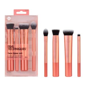 real techniques 4 piece face base makeup brush set, for concealer, foundation, contour, & setting powder, for blending & sculpting, travel friendly, gift set, stocking stuffer, cruelty-free