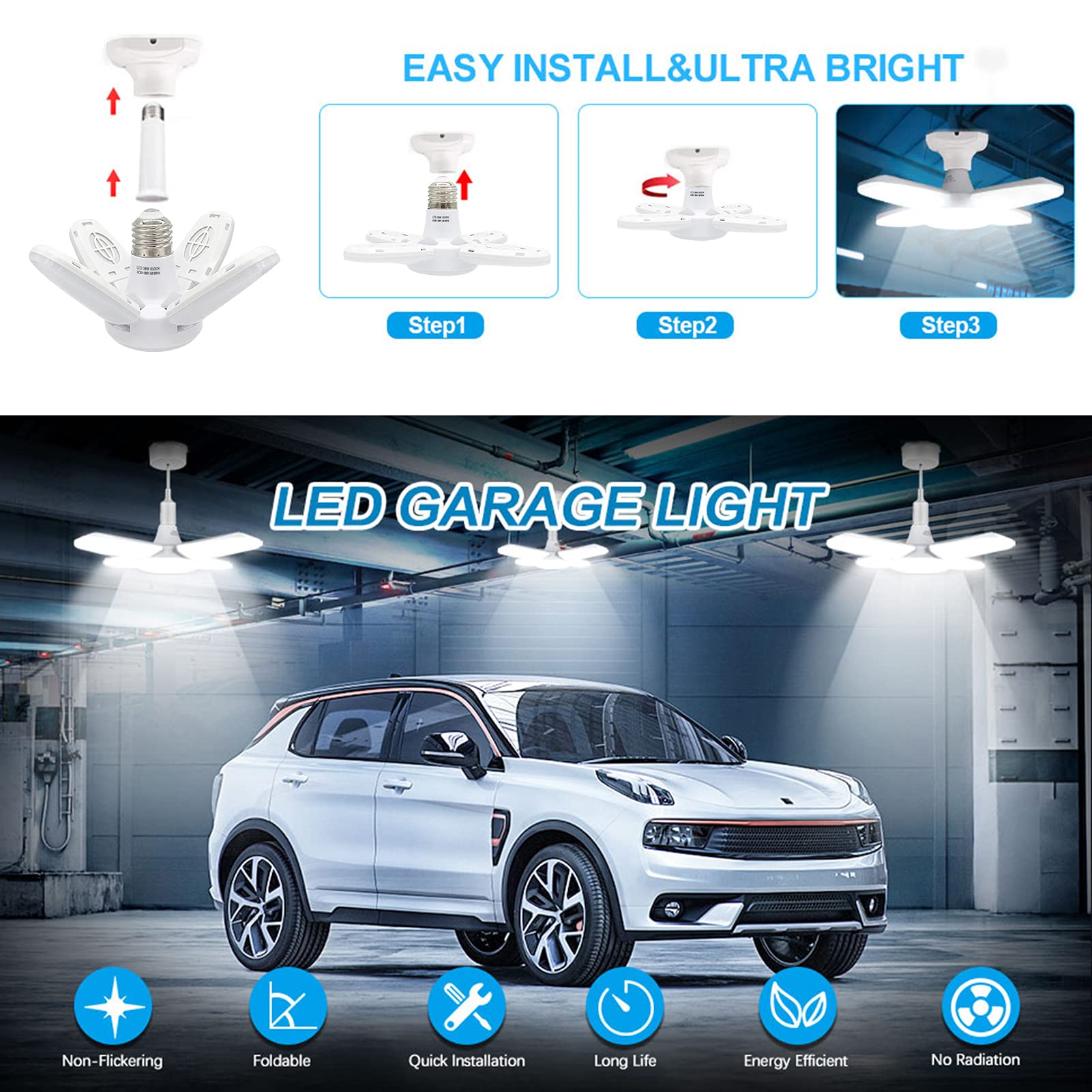 NTBL LED Garage Lights- Dimmable Garage Lights Ceiling, 38W 6000LM 6500K E27/E26 LED Garage Ceiling Lights with 4 Adjustable Panels for Garages, Workshop,Indoor, Outdoor, Workshop and Warehouse, Full