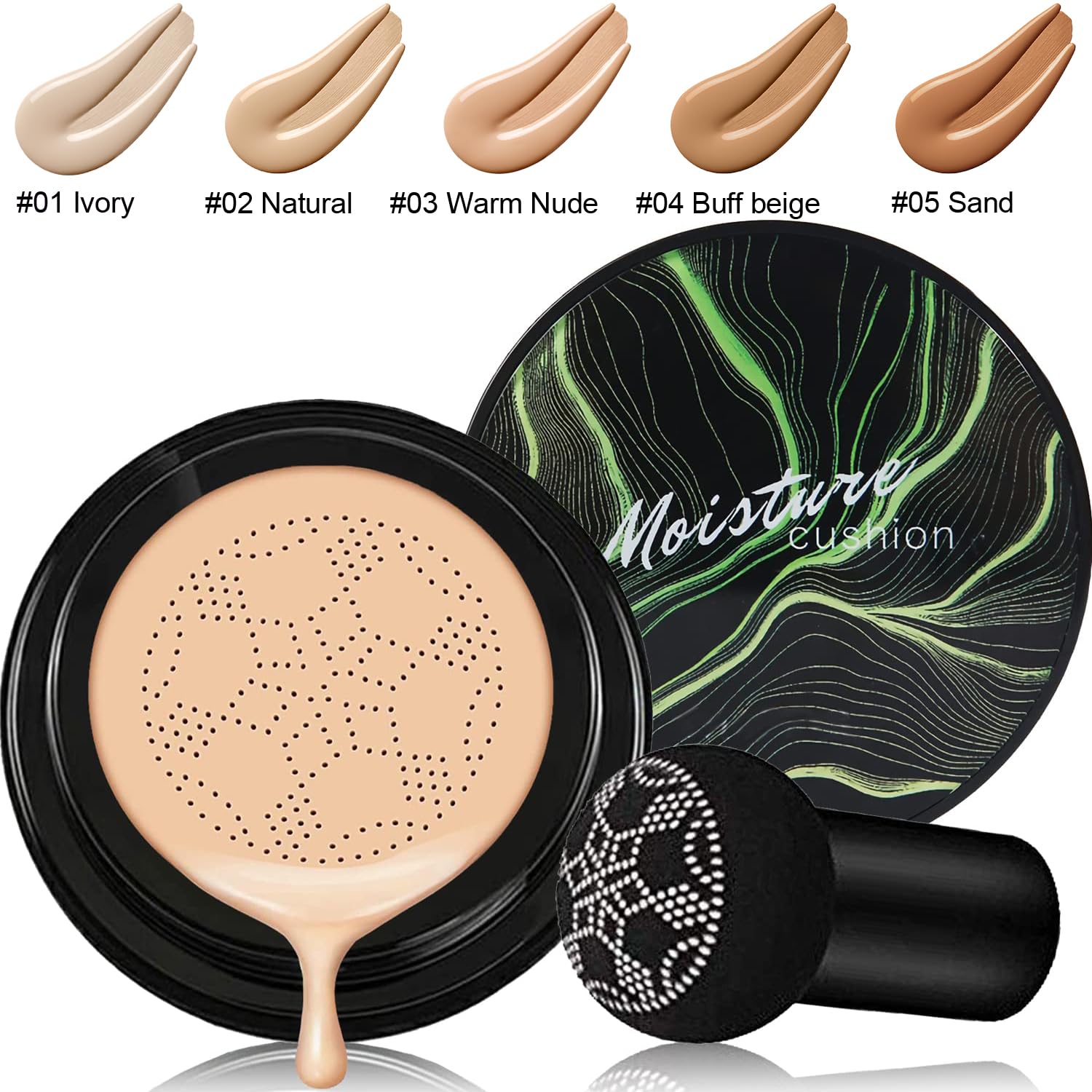 Air Cushion CC Cream Natural Foundation,PHOERA CC+ Cream Color Correcting Anti Aging Hydrating Serum &SPF 25+,PHOERA Face Primer, Kabuki Brush Foundation Brush Makeup Sponge(#02Natural CC +120 Nude)