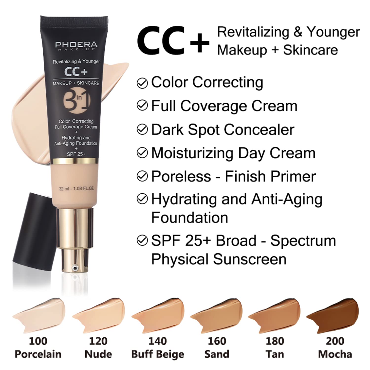 Air Cushion CC Cream Natural Foundation,PHOERA CC+ Cream Color Correcting Anti Aging Hydrating Serum &SPF 25+,PHOERA Face Primer, Kabuki Brush Foundation Brush Makeup Sponge(#02Natural CC +120 Nude)