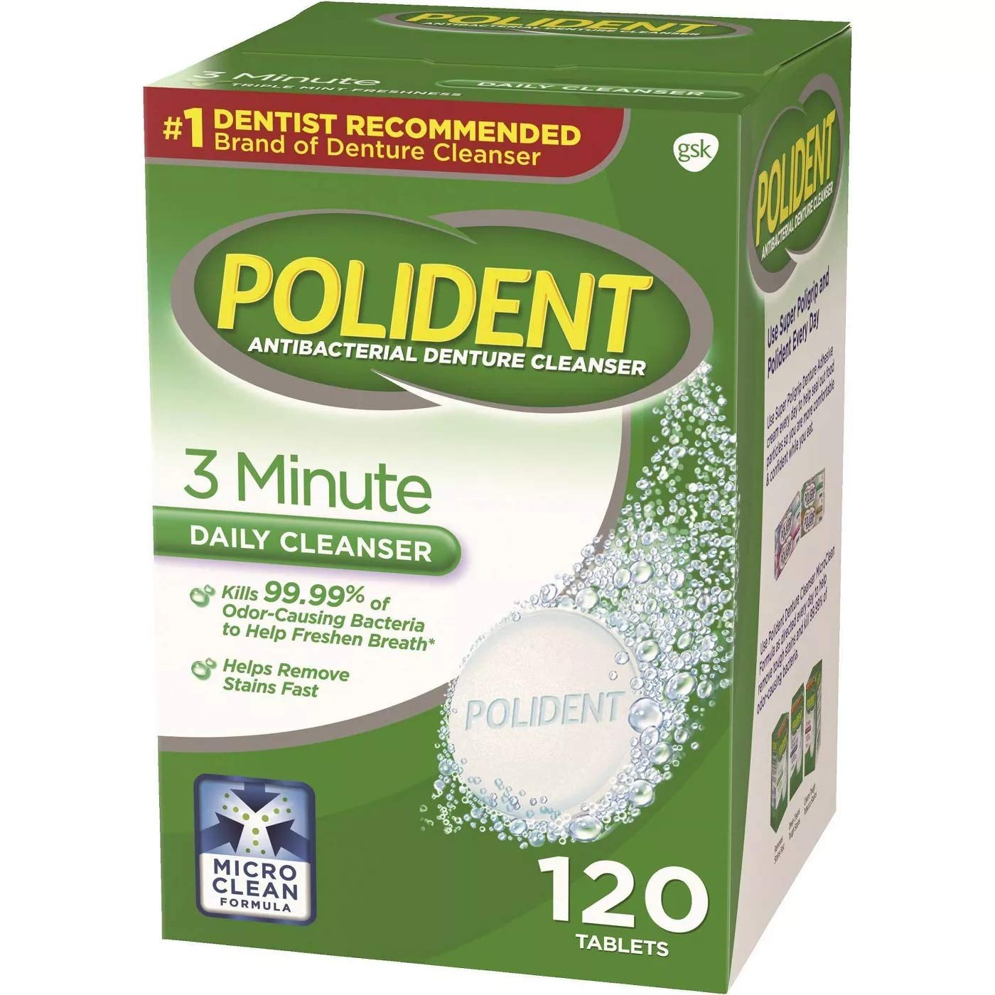 Polident 3 Minute Denture Cleaner 120 Tablets in Triplemint Bundle with Dentu-Care Denture Cleaning Cup Case With Lid Basket and Draining Basket for Cleaning and Storing