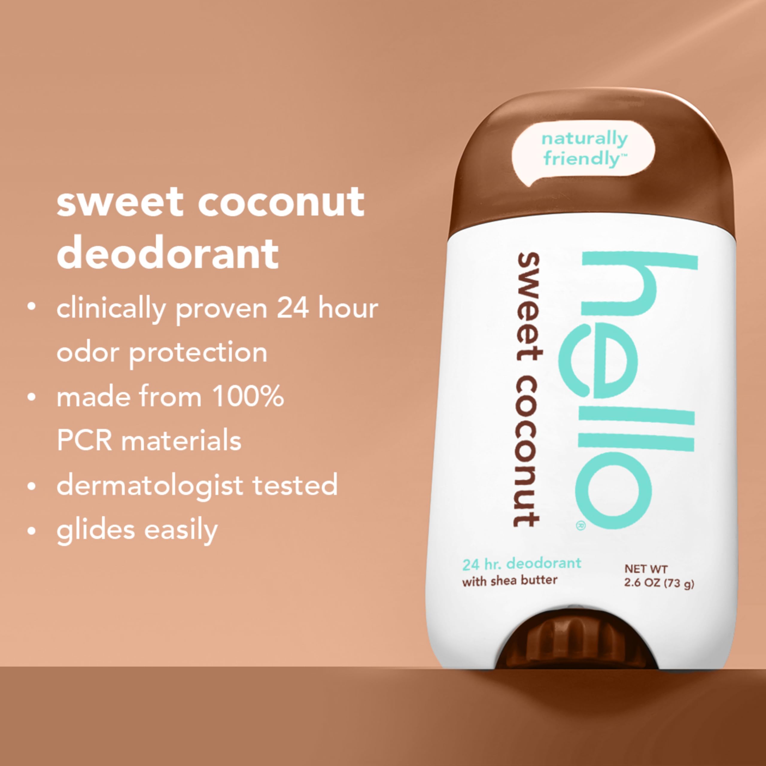 hello Sweet Coconut Deodorant With Shea Butter for Women + Men, Aluminum Free, Baking Soda Free, Parabens Free, 24 Hour Odor Protection, 2.6 Ounce, 2 Pack