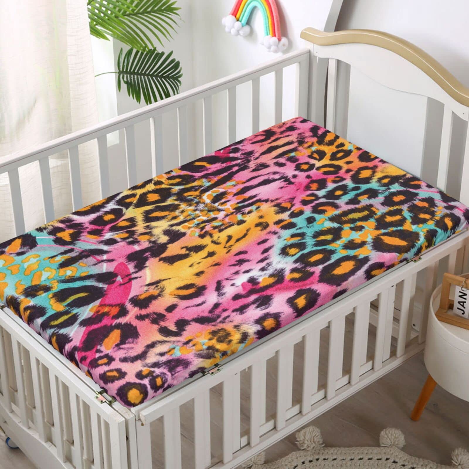 Leopard Print Themed Fitted Mini Crib Sheets,Portable Mini Crib Sheets Ultra Soft Material -Baby Sheet for Boys Girls,24 x 38 Inch,Multicolor