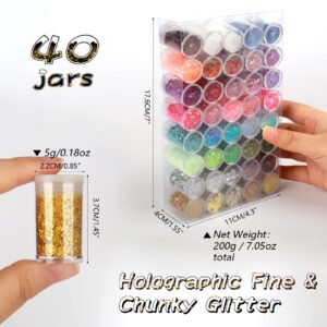 Holographic Glitter for Crafts, Chunky and Fine Glitter Mix, Set of 40 Colors Glitter, Cosmetic Face Eye Hair Body Glitter, Iridescent Nail Art Glitter, Resin Glitter for Tumbler Cups Slime Making