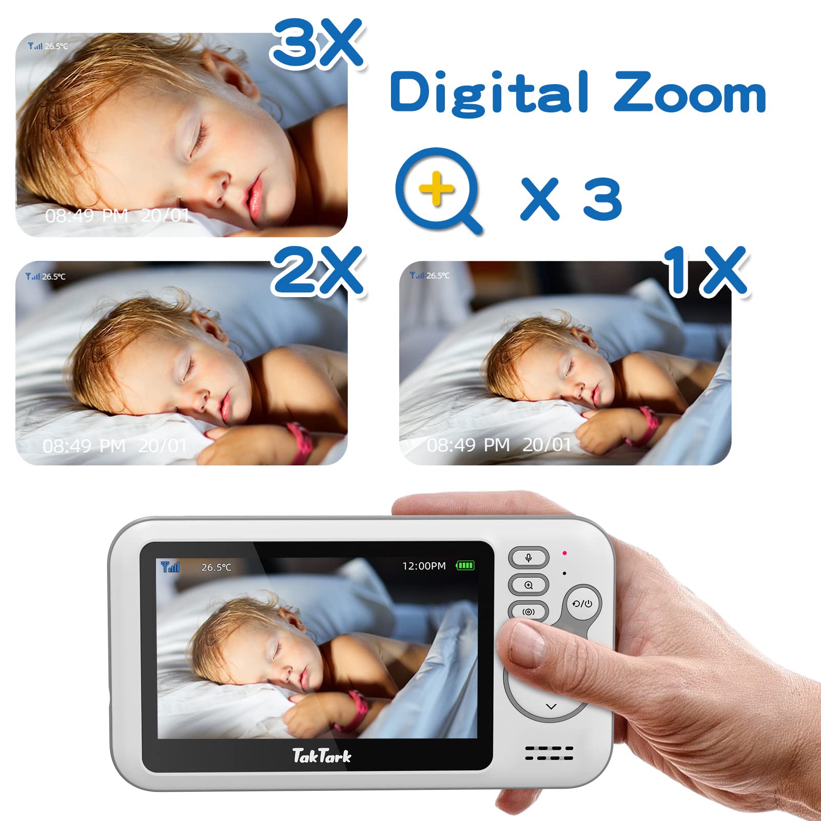 TakTark Baby Monitors with Camera and Audio, 4.3 inches, No Wi-Fi, 2 Way Audio, Night Vision, Digital Zoom, VOX Power Saving, Room Temperature, Ideal for New Parents