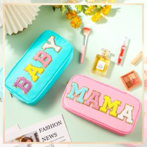 Sanwuta 2 Pieces Nylon Cosmetic Bag Chenille Letter Makeup Bag Pouch Zipper Travel Toiletries Pouch Preppy Patch Cosmetic Travel Toiletry Bag for Women and Girls (Baby and Mama, Pink, Blue)